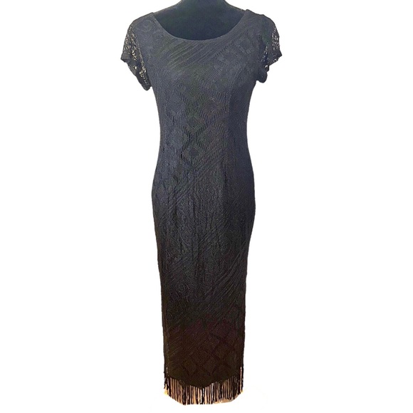 Harlow | Dresses | Vintage Harlow Black Lace Dress Size 8 Midi Fringe ...